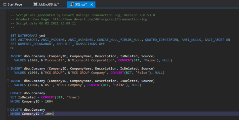 SQL Server Rollback - using dbForge Transaction Log