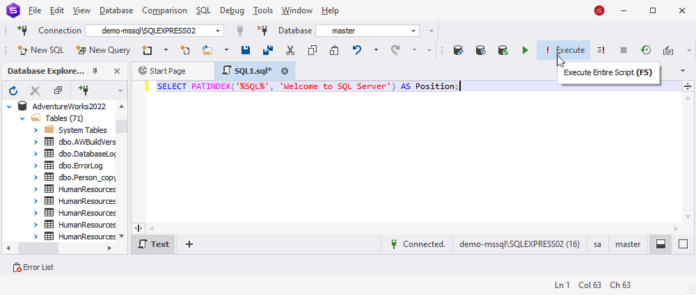 PATINDEX() Function in SQL Server — Syntax and Examples