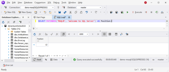 PATINDEX() Function in SQL Server — Syntax and Examples
