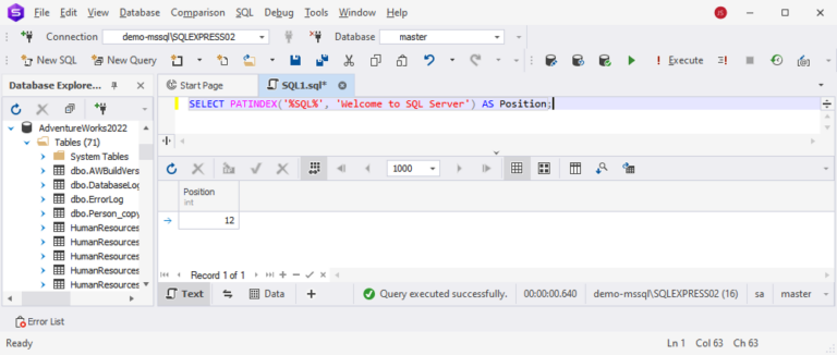 PATINDEX() Function in SQL Server — Syntax and Examples