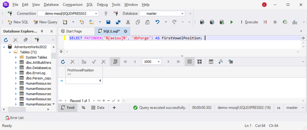 PATINDEX() Function in SQL Server — Syntax and Examples
